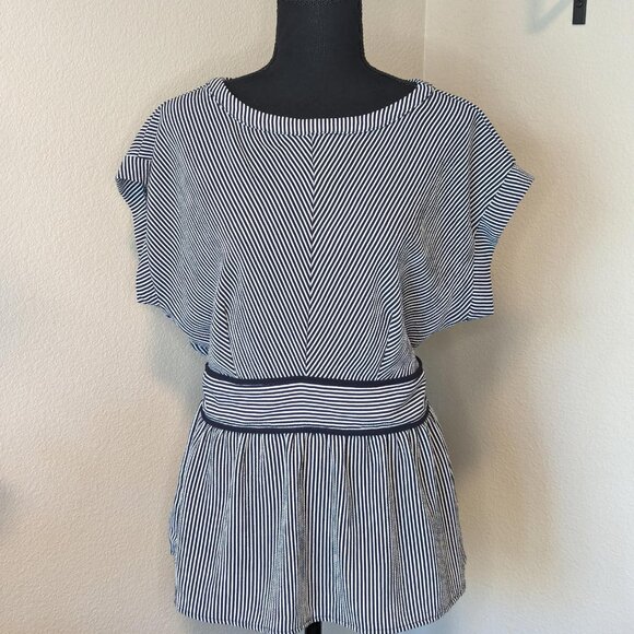 Monteau | Tops | Monteau Los Angeles Peplum Striped Blouse Navy Blue ...